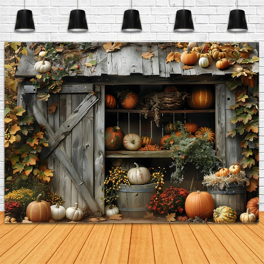 Toile de fond de cabanon rustique d'automne avec citrouilles RR7-327 ...